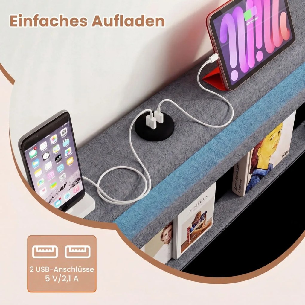 Costway Rám manželské postele s LED světly a porty USB na platformě