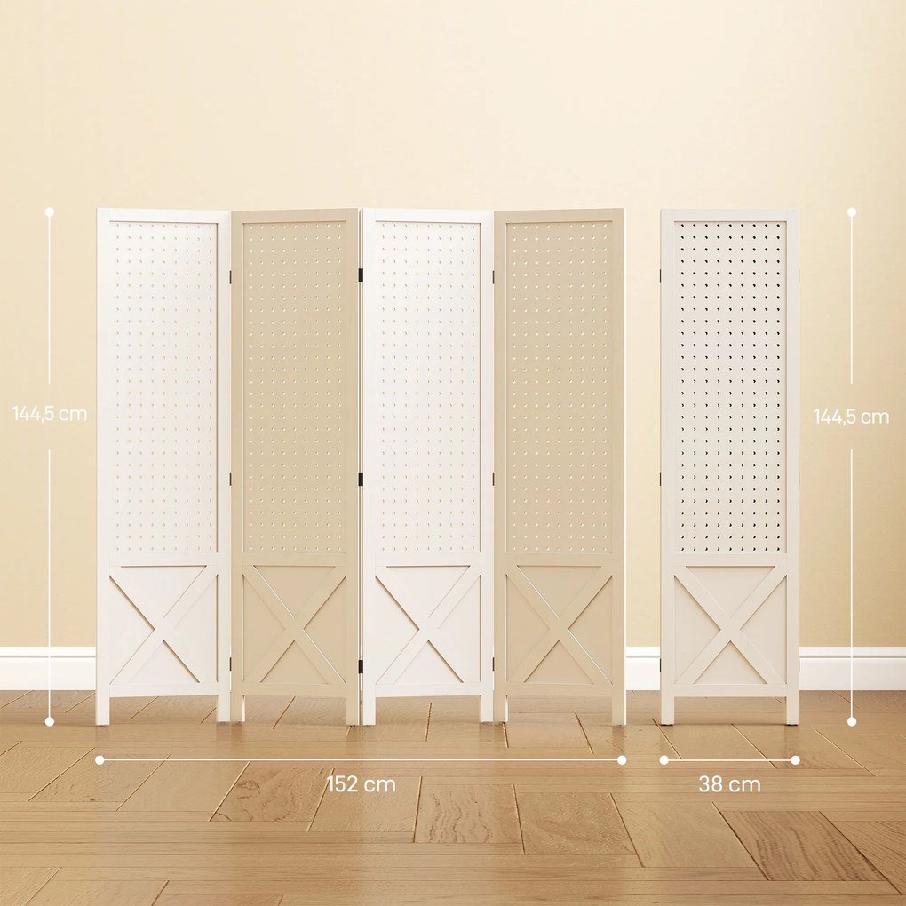 HOMCOM vnitřní paraván ze dřeva, 4 panely, skládací příčka, děrovaný panel, 152 x 1,7 x 144,5 cm, bílá
