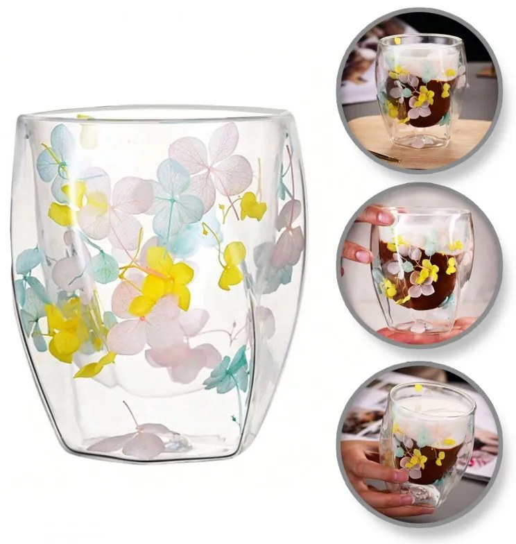 Flamenco Mystique Termo sklenice s žlutou, modrou a růžovou hortensí 350 ml 1 ks SZK88