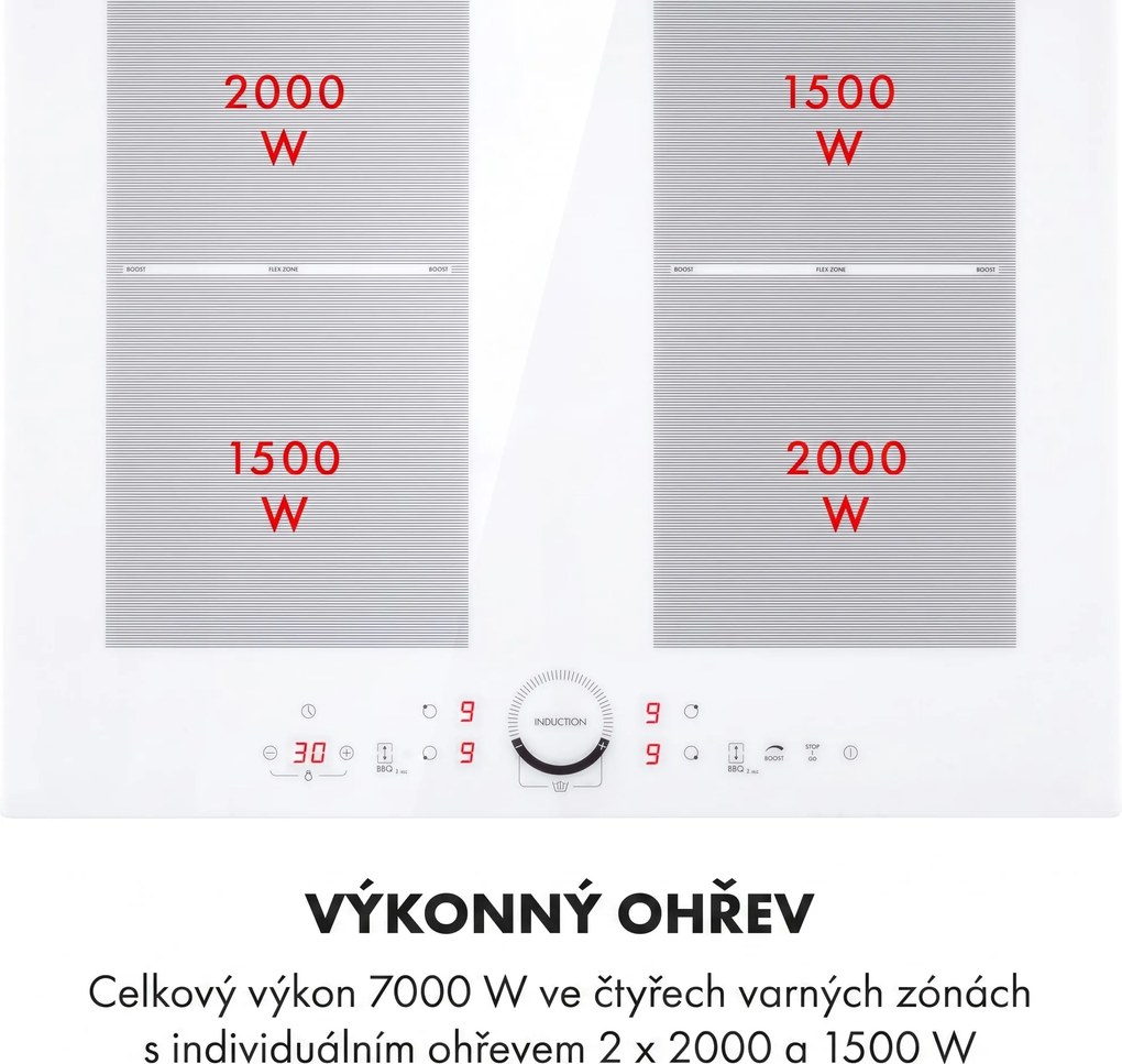 Klarstein Delicatessa 60, indukční varná deska, 7000 W, 4 zóny, sklokeramika, bílá