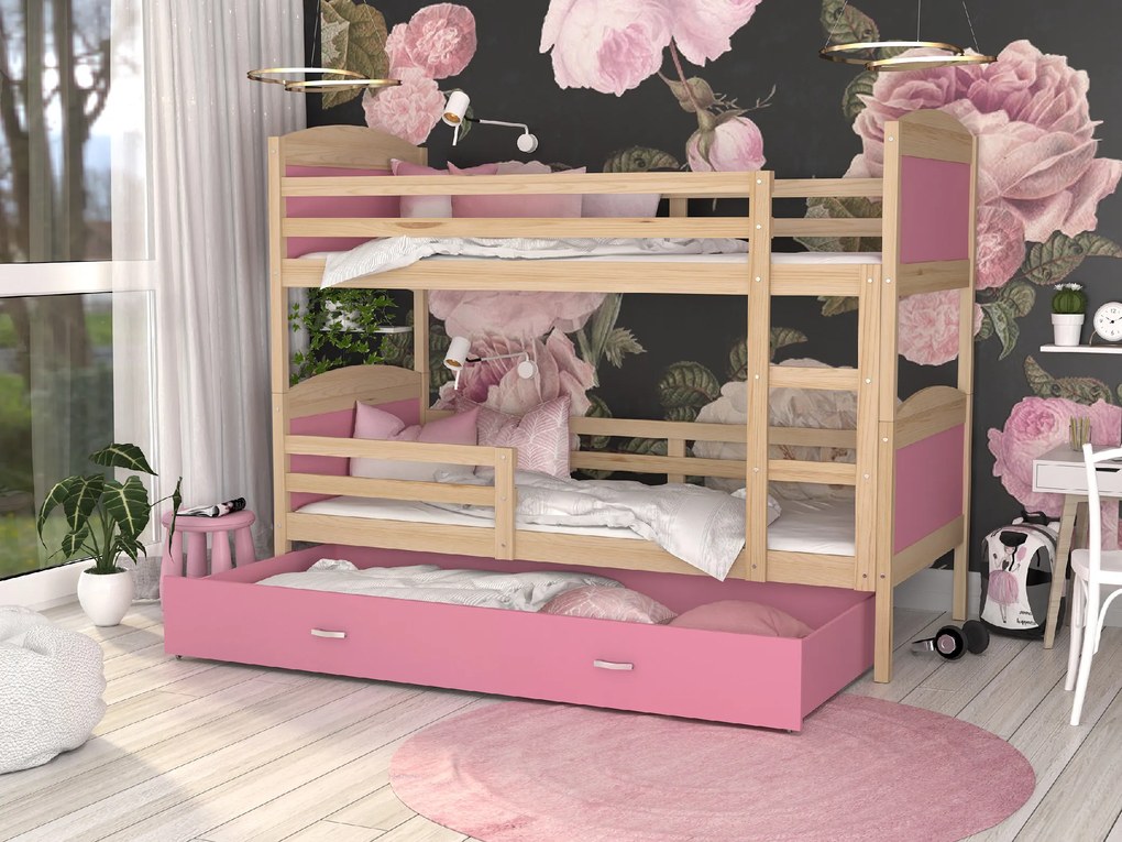 BabyBeds Dětská patrová postel s úložným prostorem MATYÁŠ borovice Velikost postele: 190x80 cm, Barva šuplíku: Růžová