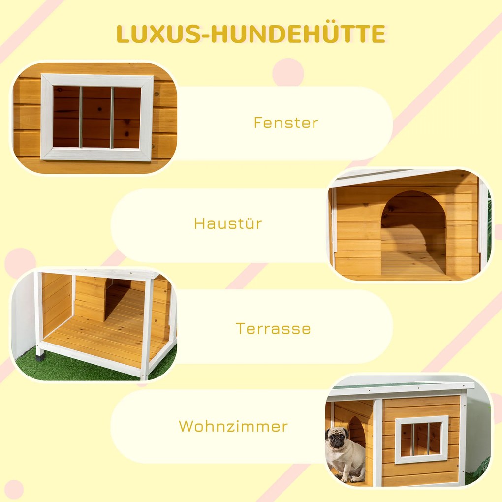 PawHut psí bouda z jedlového dřeva s terasou a odklápěcí střechou pro malé psy Indoor Outdoor Orange