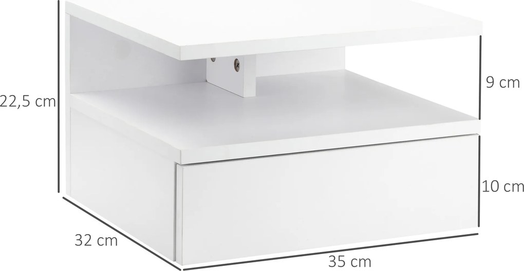 HOMCOM Sada 2 Floating Nočních Stolků - Zavěšené Noční Stolky s 1 Zásuvkou a Otevřenou Policí pro Ložnici 35x32x22,5 cm Bílá