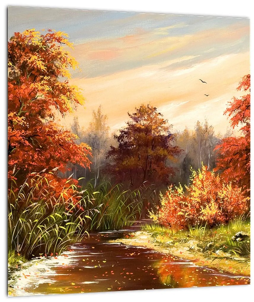 Obraz řeky v podzimní krajině, olejomalba (30x30 cm)