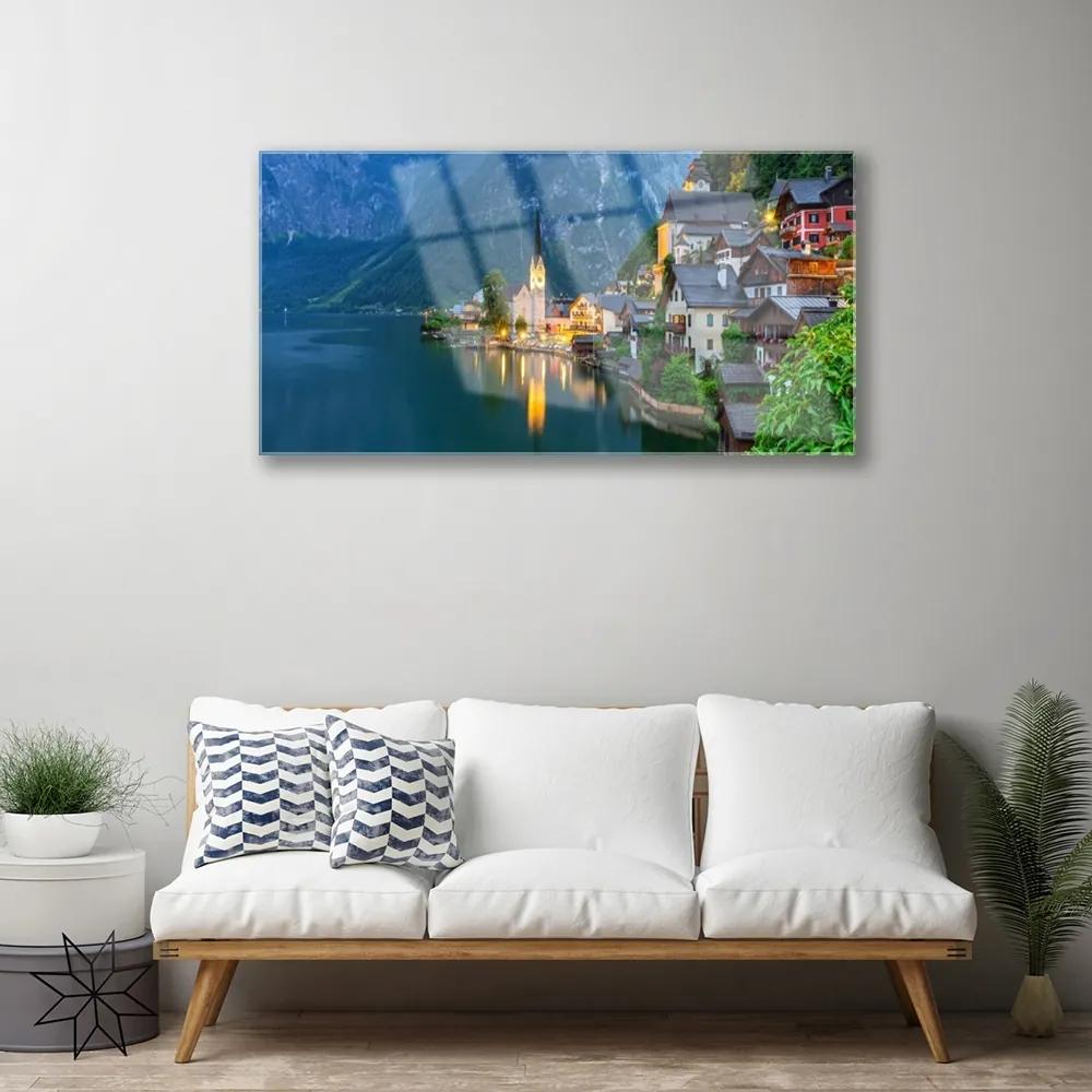 Obraz na skle Hory Městečko Noc Jezero 140x70 cm