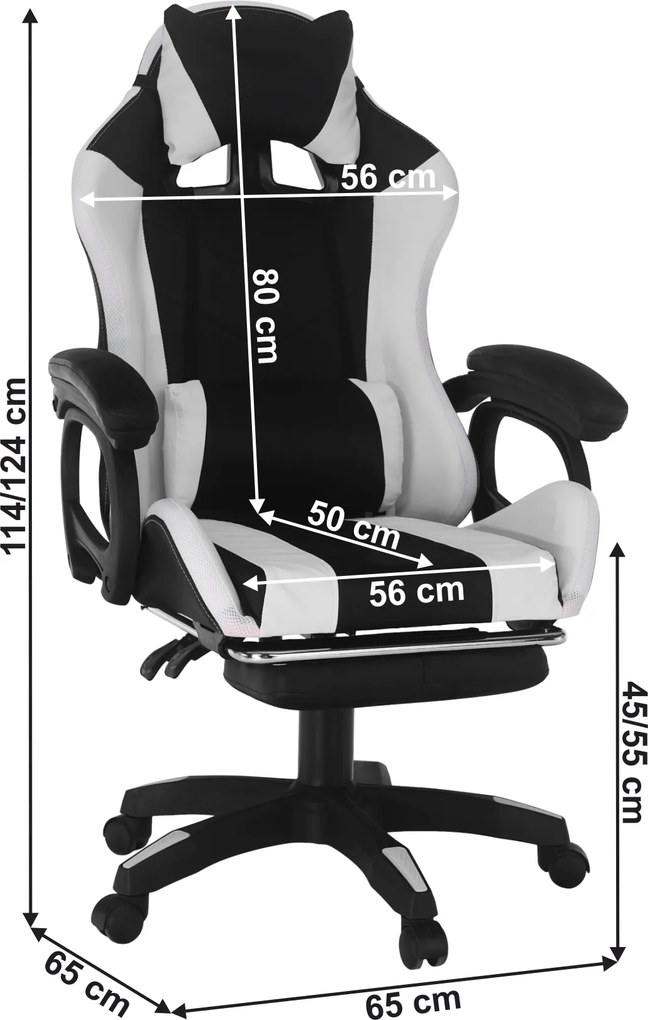 Kancelářské/herní křeslo s RGB LED podsvícením, černá/bílá, JOVELA