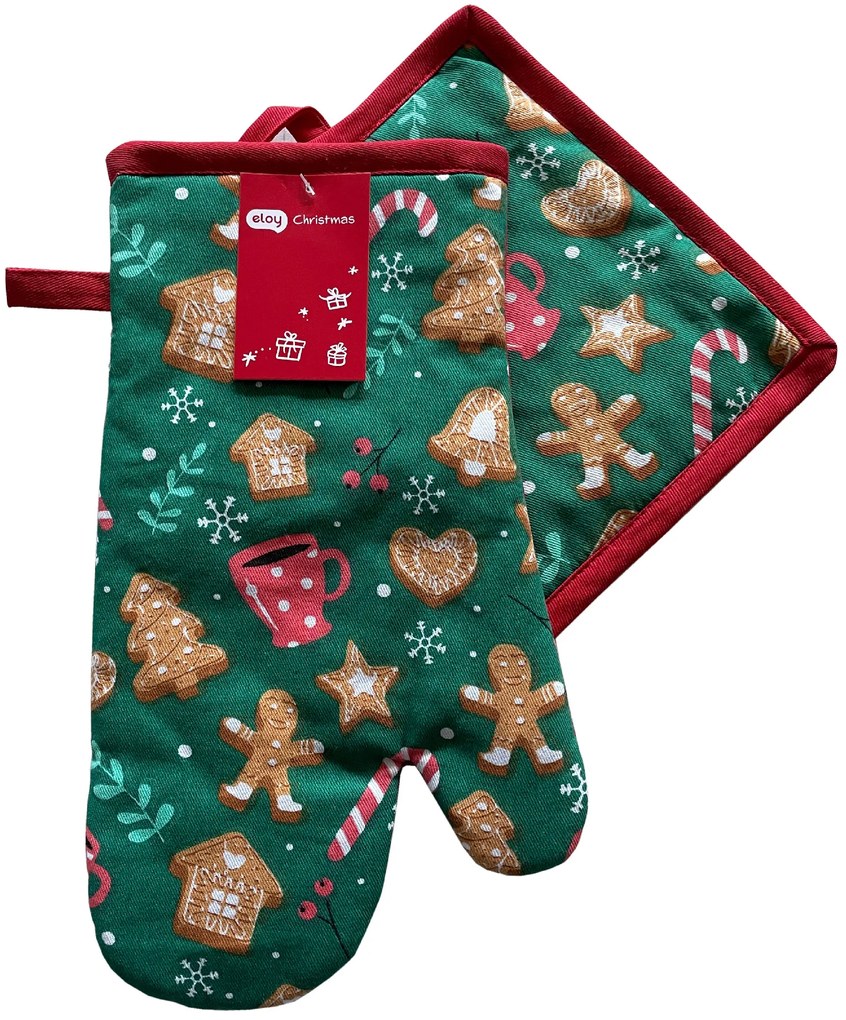 Vánoční kuchyňský set vánoční rukavice/chňapka CHRISTMASSY zelená 18x30 cm/20X20 cm 100% bavlna