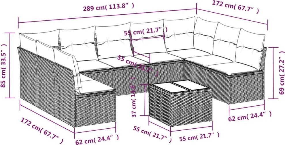 10dílná zahradní sedací souprava s poduškami béžová polyratan 3249918