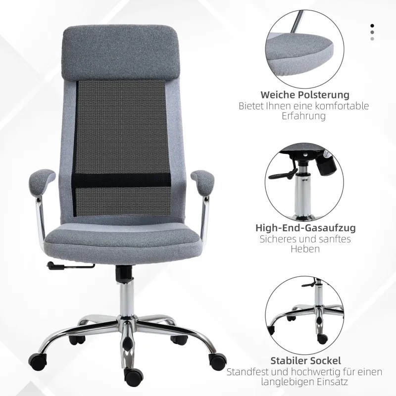 HOMCOM Ergonomická kancelářská židle s opěrkou hlavy, světle šedá, černá 65 x 67 x 119-129 cm