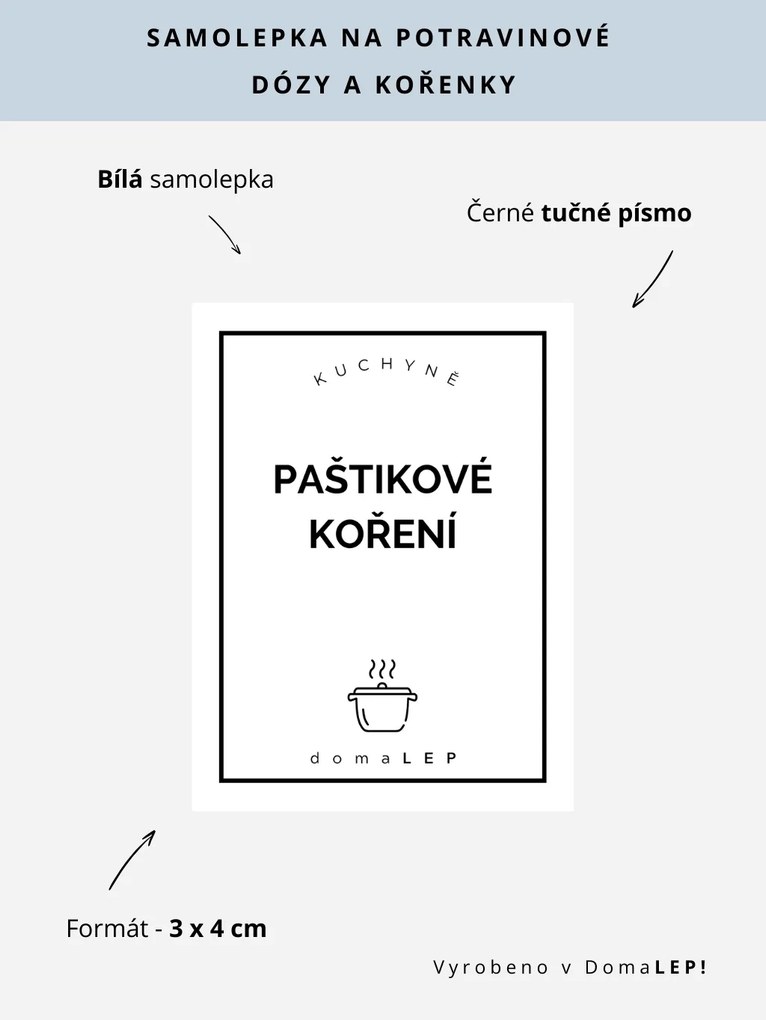 Samolepka na kořenky PAŠTIKOVÉ KOŘENÍ bílá 3 × 4 cm tučné písmo