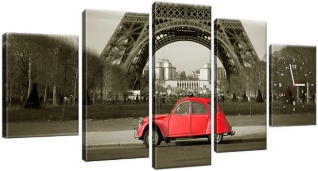Tištěný obraz s hodinami Červené auto před Eiffelovou věží v Paříži 150x70cm ZP3533A_5B