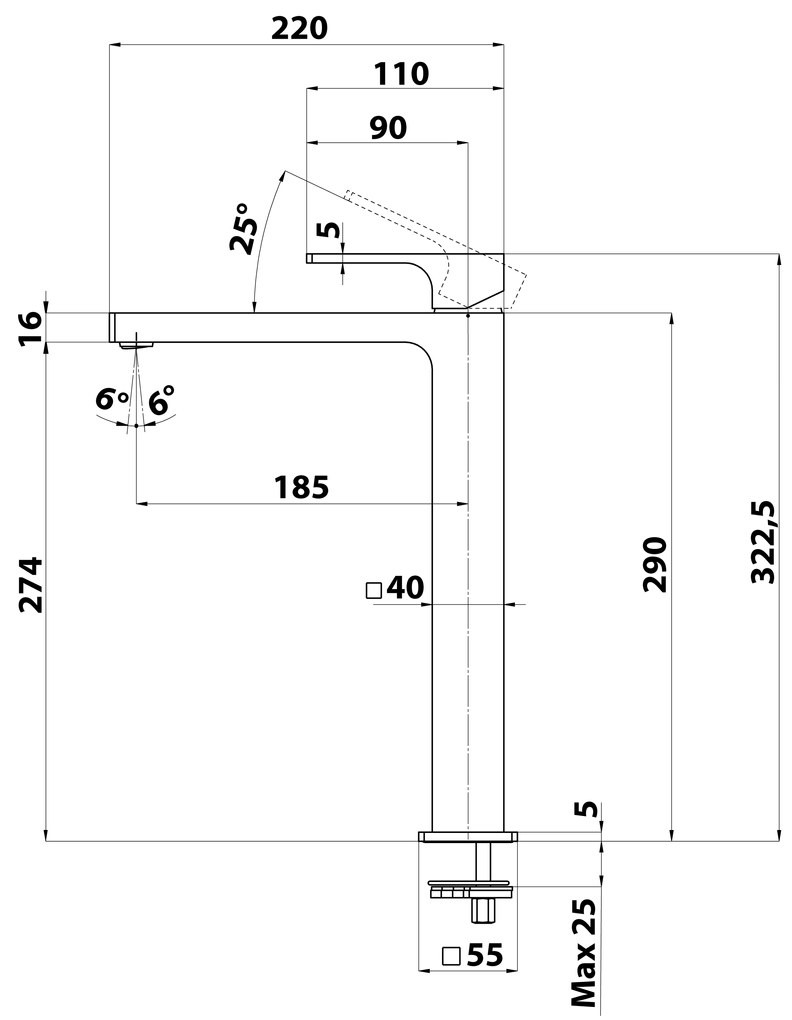 Sapho Sapho, FORATA stojánková umyvadlová baterie vysoká bez výpusti, prodloužená hubice, chrom
