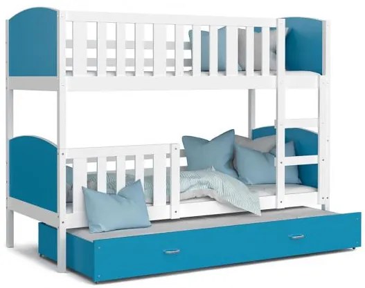 Dětská patrová postel TAMI 3 90x200 cm s bílou konstrukcí v modré barvě s přistýlkou