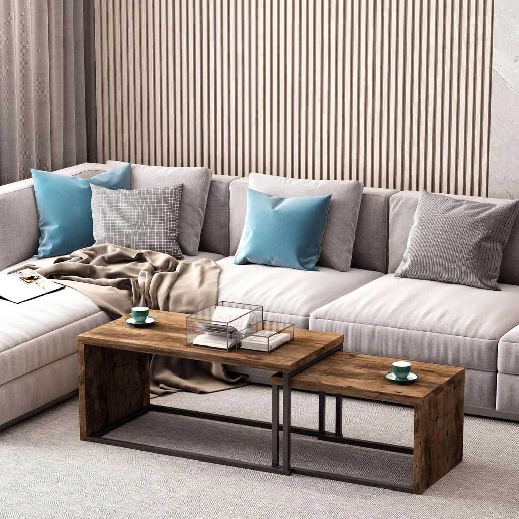 HOMCOM Set 2 Kávových Stolků s Kovovými Nohy v Průmyslovém Stylu pro Obývací Pokoj a Jídelnu 90x48x42 cm a 59x42x36 cm