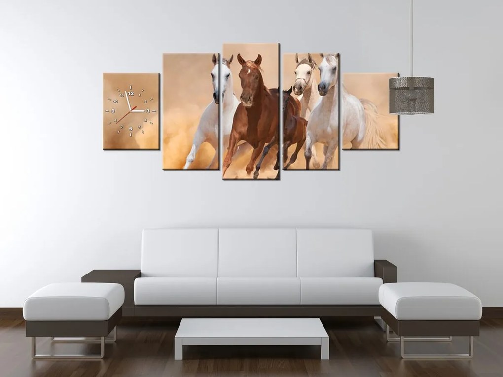 Gario Obraz s hodinami Cválající koně - 5 dílný Rozměry: 150 x 105 cm