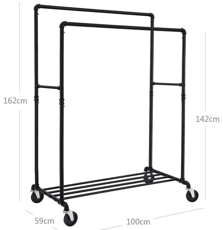 Dvojitý stojan na oblečení RARE, vodovodní roury 100x59x162cm, černá SongmicsHome