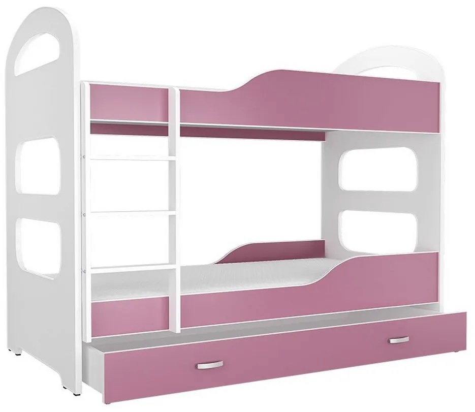 Expedo Dětská patrová postel PATRIK 2 COLOR + matrace + rošt ZDARMA, 190x80, bílý/růžový