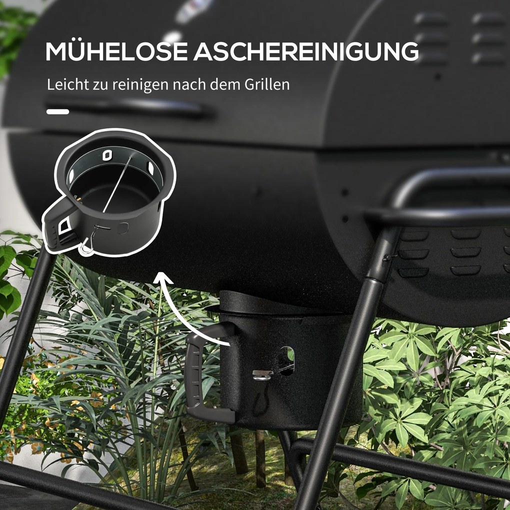 Kovový gril na dřevěné uhlí BBQ udírna s víkem Teploměr Kolečka Grilovací vozík 95x71,5x102 cm Černá barva