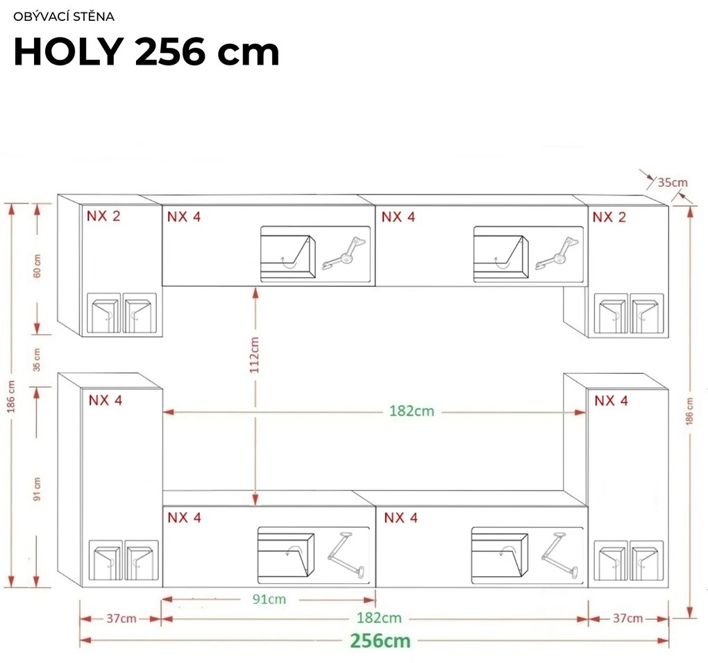 Ral Obývací stěna HOLY 4, 256 cm - Bílý lesk