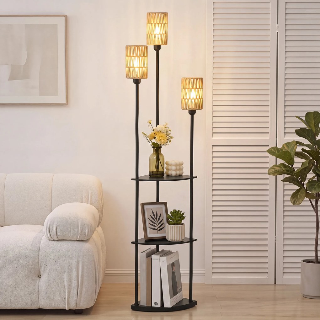 HOMCOM Boho stojací lampa se 3 plameny, stojací lampa s 3 policemi, stínidlo z papírového provazu, černá