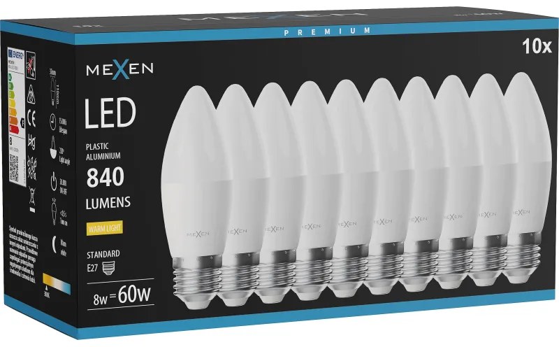 Mexen Nova 10x LED žárovka E27, C37, 8W, Teplá - 3000K, 840 lm - L102-E27-0830-01x10