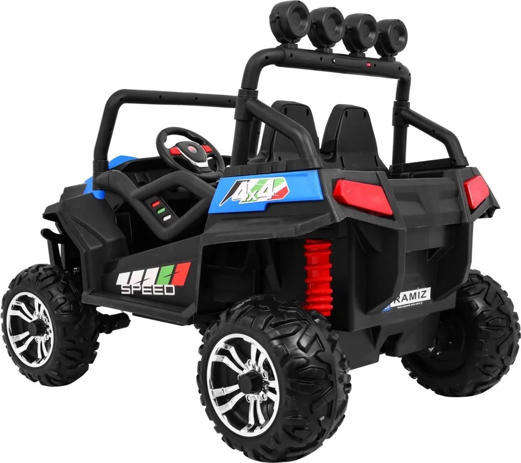 Ramiz Terénní bugina pro děti modrá + pohon 4x4 + dálkové ovládání + nosič zavazadel + rádio MP3 + LED