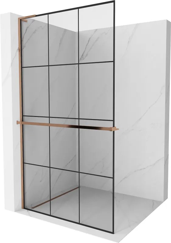 Mexen Kioto+ L, sprchová zástěna Walk-In s poličkou a věšákem 100 x 200 cm, 8mm čiré sklo černý vzor, růžové zlato profil, 800-100-123-60-77