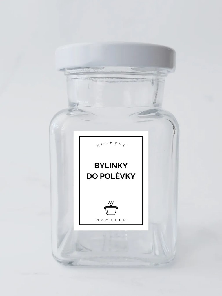 Samolepka na kořenky BYLINKY DO POLÉVKY bílá 3 × 4 cm tučné písmo