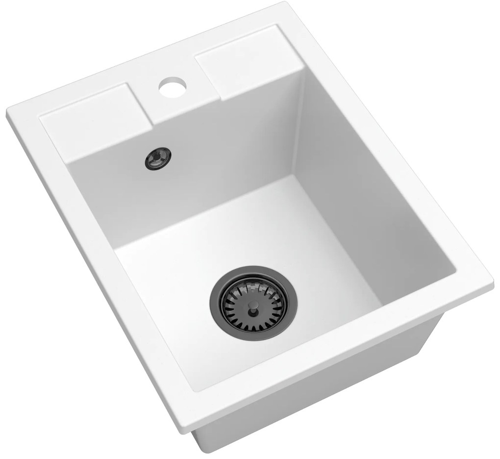 Sink Quality Ferrum 40, kuchyňský granitový dřez 400x500x195 mm + černý sifon, bílá, SKQ-FER.W.1K40.XB