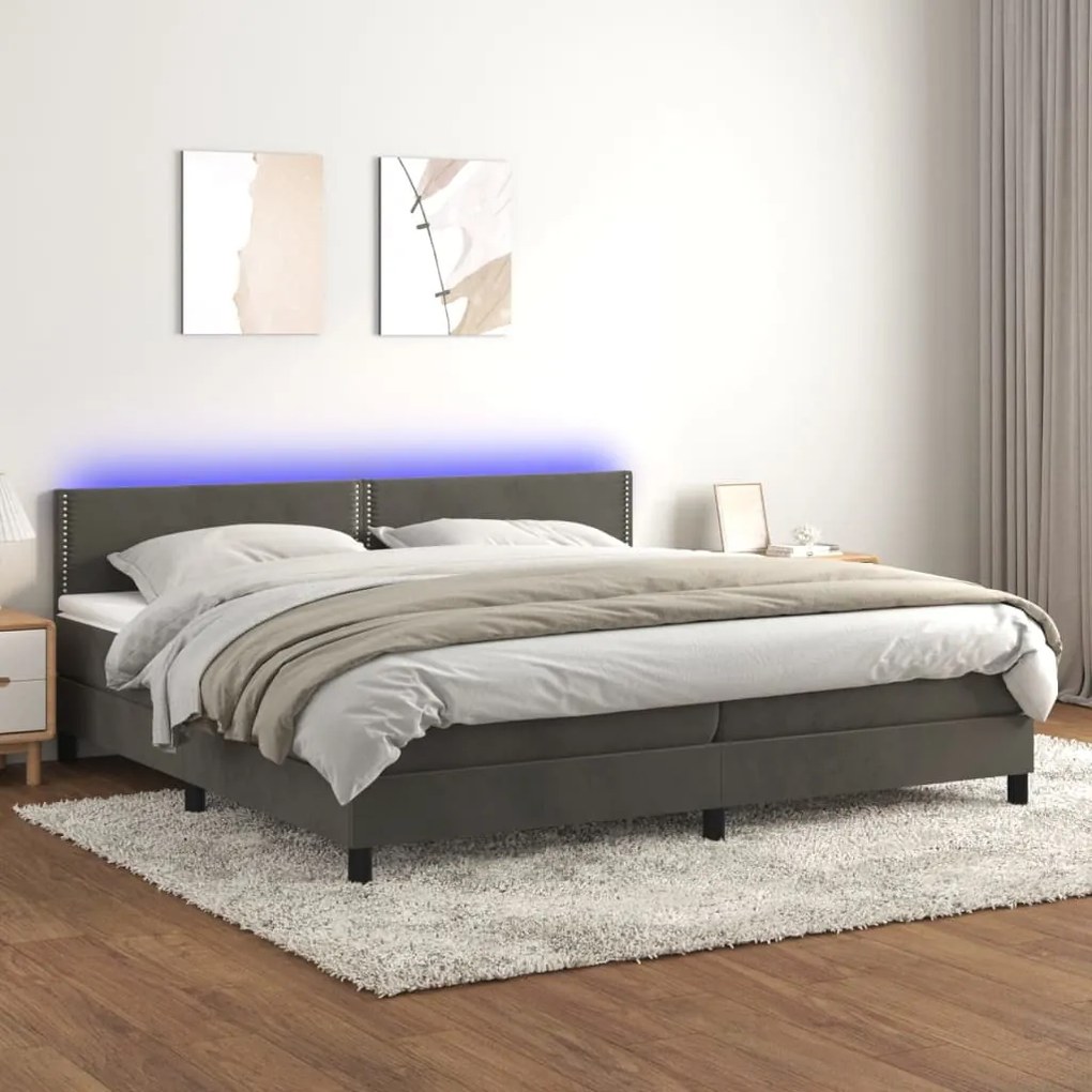 Box spring postel s matrací a LED tmavě šedá 200x200 cm samet