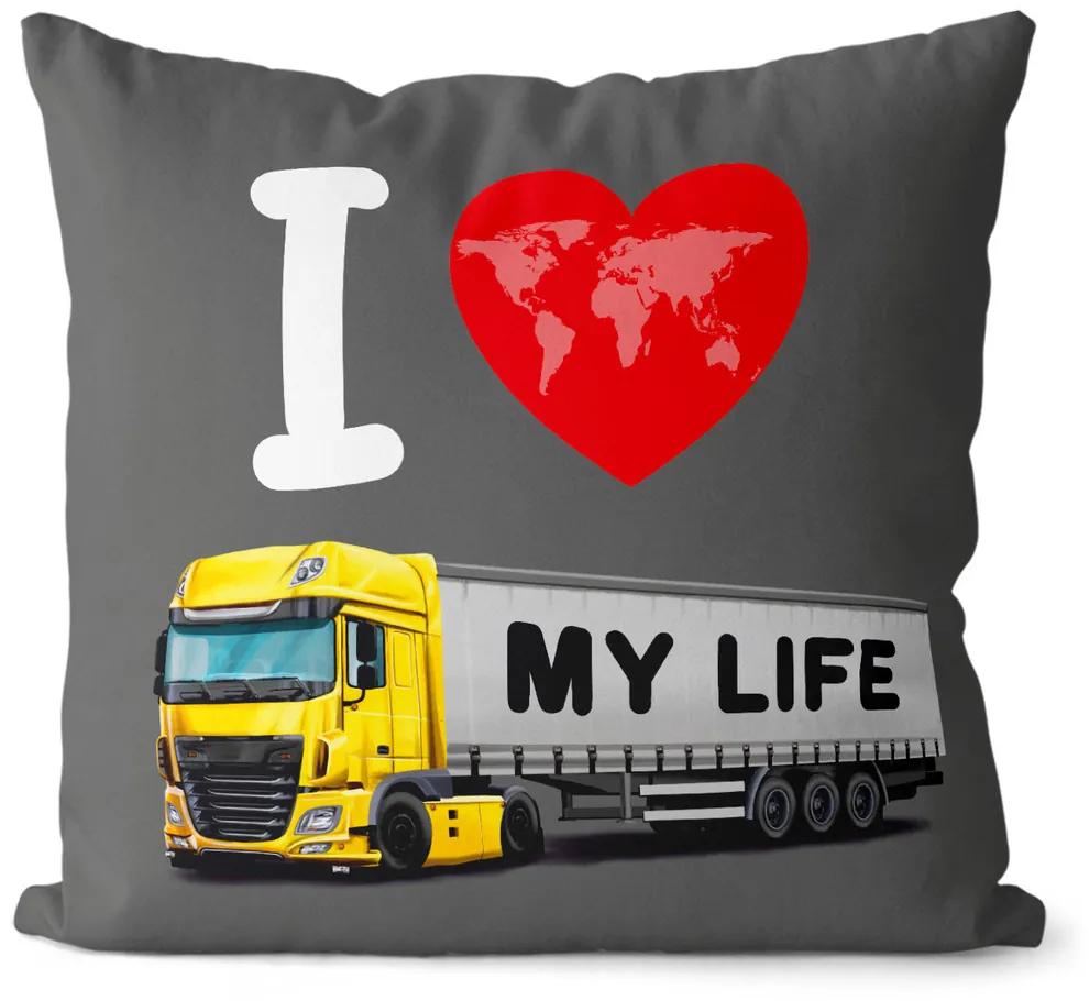 Polštářek Kamion – My life (Velikost: 40 x 40 cm, Barva kamionu: Žlutá)