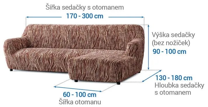 Bielastické potahy UNIVERSO NOVÉ žíhané hnědé sedačka s otomanem vpravo (š. 170 - 300 cm)