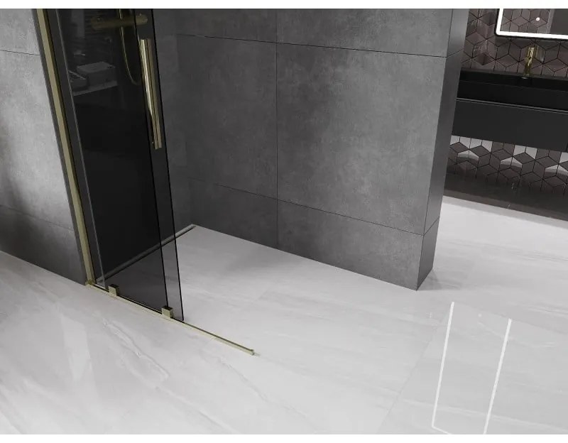 Mexen Velar, sprchová zástěna s posuvnými dveřmi Walk-in 85 x 200 cm, 8mm šedé sklo, zlatá lesklá, 871-085-000-43-50