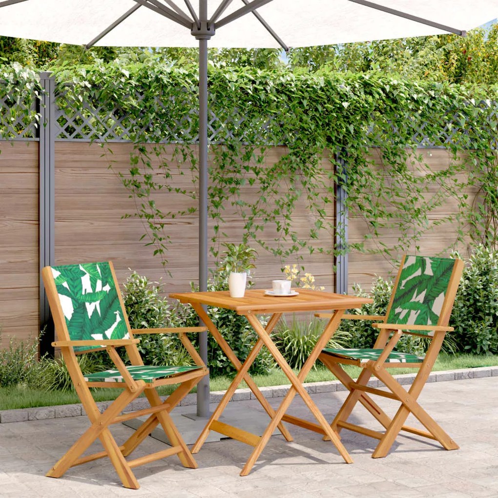 3dílný bistro set vzor listů textil a masivní dřevo 3281884