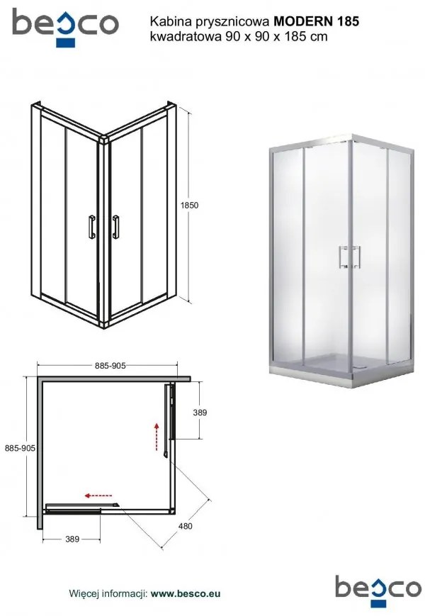 BESCO Čtvercový sprchový kout MODERN 185 + vanička z litého mramoru BARVA rámu - Chrom/Leštěný hliník (ALU), Rozměr A - 90 cm, Rozměr B - 90 cm, Vanička HL - Včetně vaničky, Výplň - Frost bezpečnostní sklo - 6 mm BCCTVMOD90CFVEN