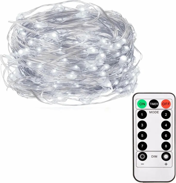 LED řetěz Nano - 5m, 50LED, 8-funkcí, ovladač, 3xAA, IP44, studená bílá