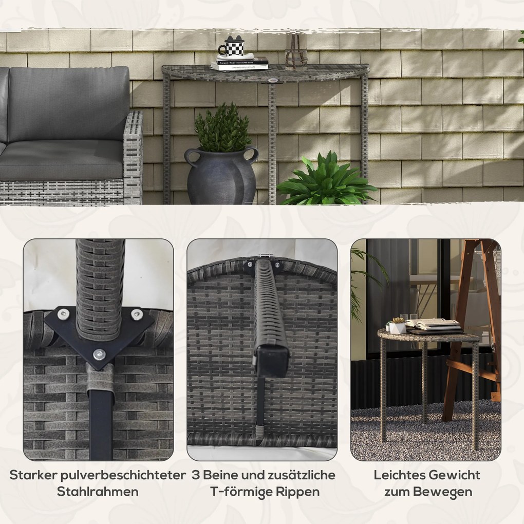 Outsunny půlkruhový balkonový stolek 100 x 50 x 74 cm zahradní stolek z polyratanu a kovu šedý pro terasu a balkon | Aosom.de