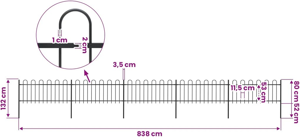 Zahradní plot s obloukem nahoře ocelový 838 x 80 cm černý 277651