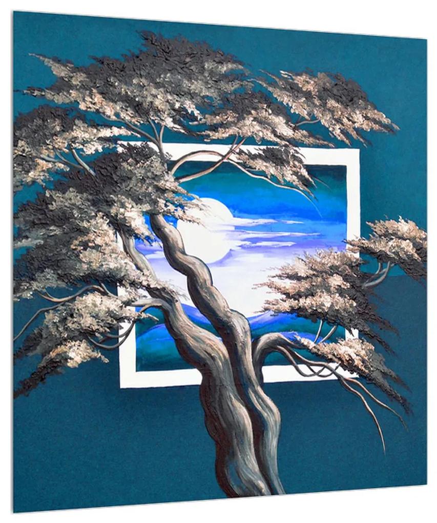Modrý obraz stromu a východu slunce (40x40 cm)