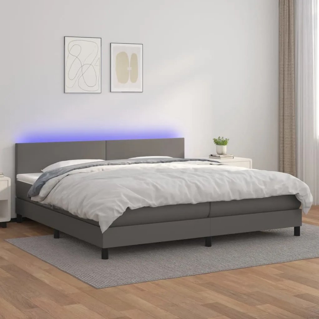 Box spring postel s matrací a LED šedá 200x200 cm umělá kůže 3134127
