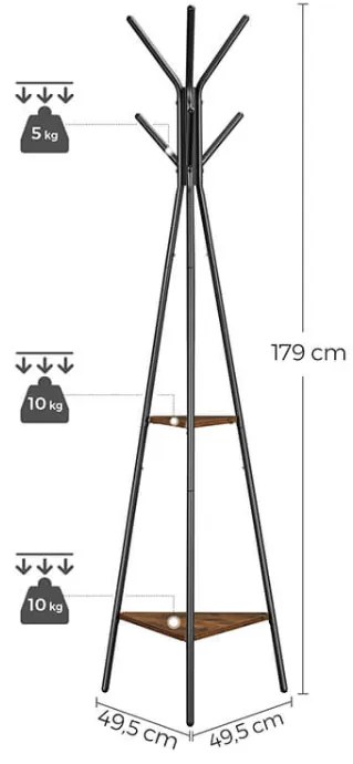 Vasagle Industriální věšák s poličkami 49x49x179cm rustikální hnědá