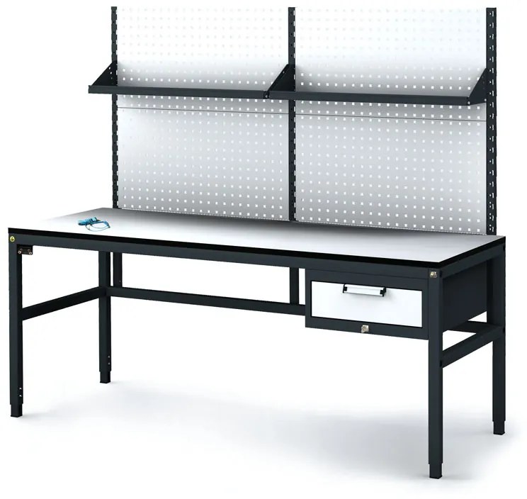 Antistatický dílenský ESD stůl s perfopanelem a policemi, 1 zásuvkový box na nářadí, 1800x800x745-985 mm