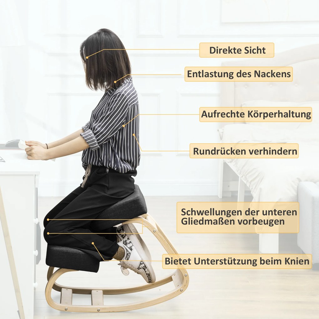 Ergonomická klečící židle Vinsetto s rámem z březového dřeva, molitanovým a polyesterovým polstrováním pro domácnost a kancelář, černá