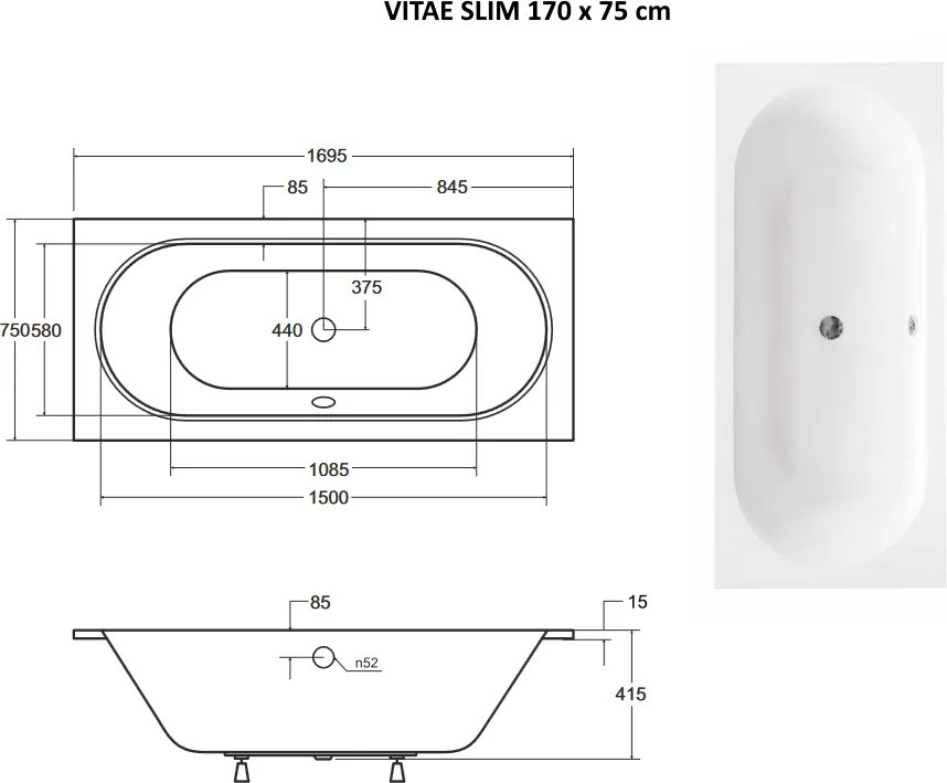 Besco VITAE SLIM 170 x 75 cm VANVITAE170SLIM+OLVPINOZ vana vč. nožiček