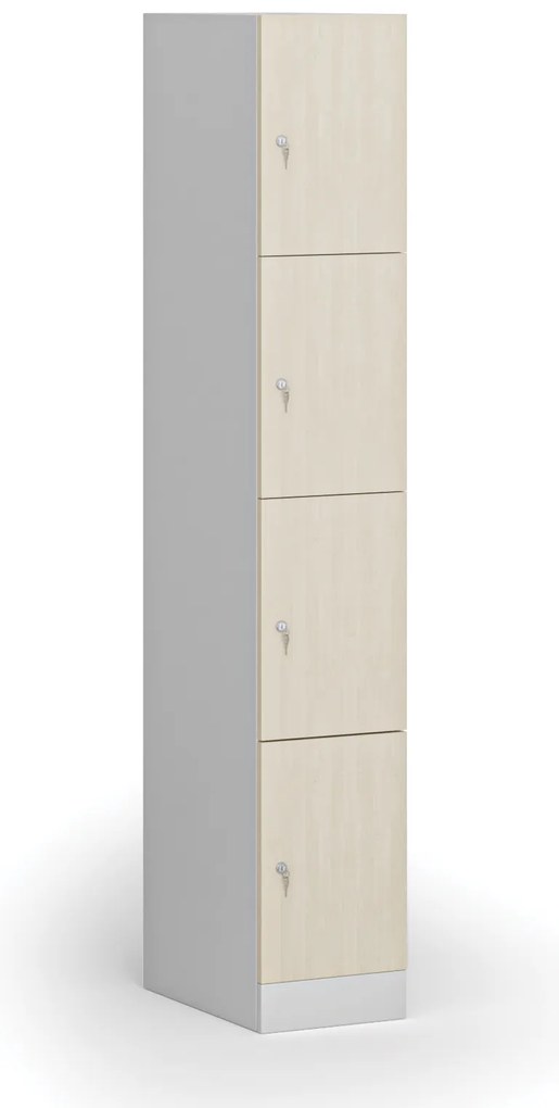 Šatní skříňka S1 s úložnými boxy, 4 boxy, 1850 x 300 x 500 mm, demont, cylindrický zámek, laminované dveře, bříza