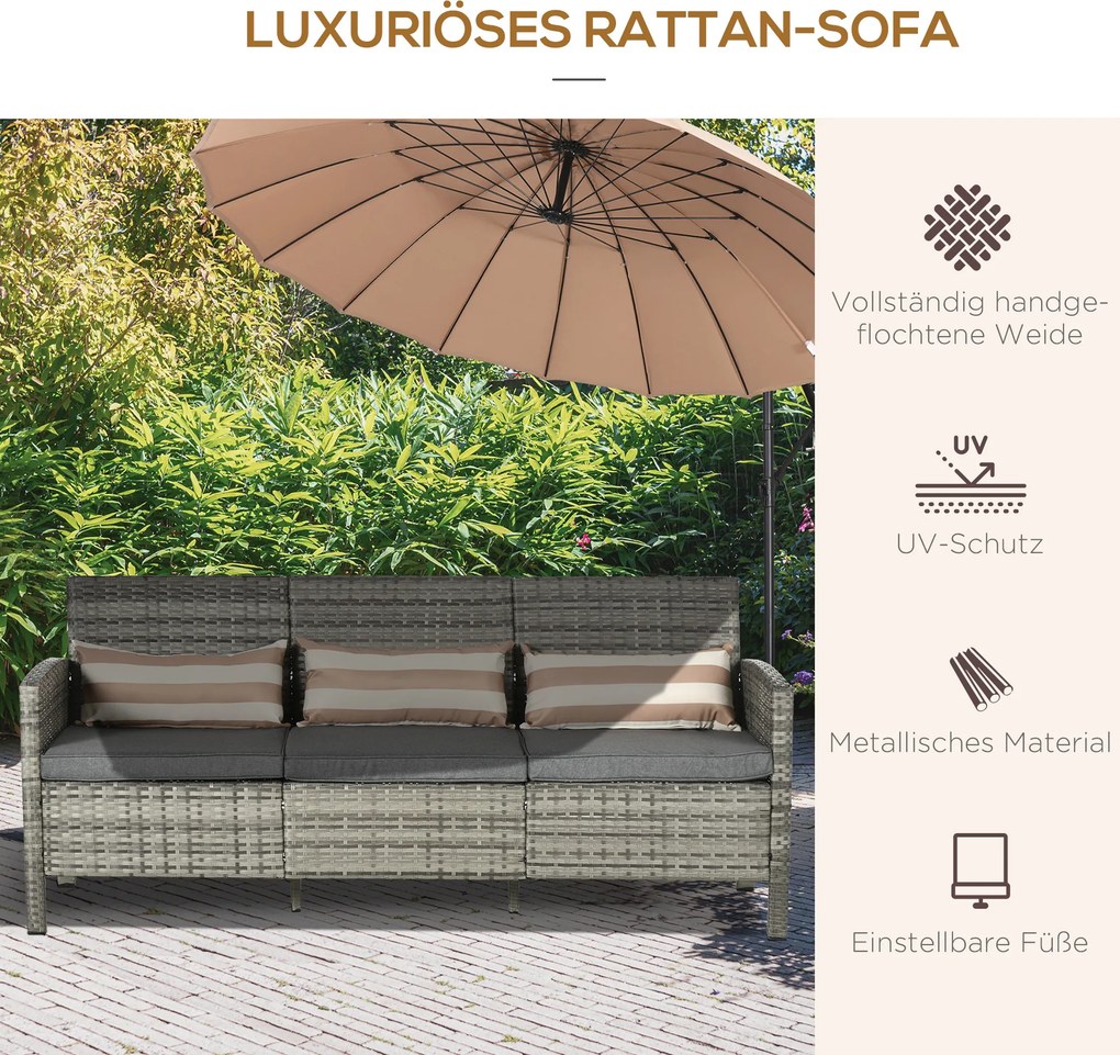 Třímístná zahradní ratanová pohovka Outsunny s polštáři, ocelový rám, šedá barva, 173 x 68 x 78 cm, ideální na terasu a balkon |