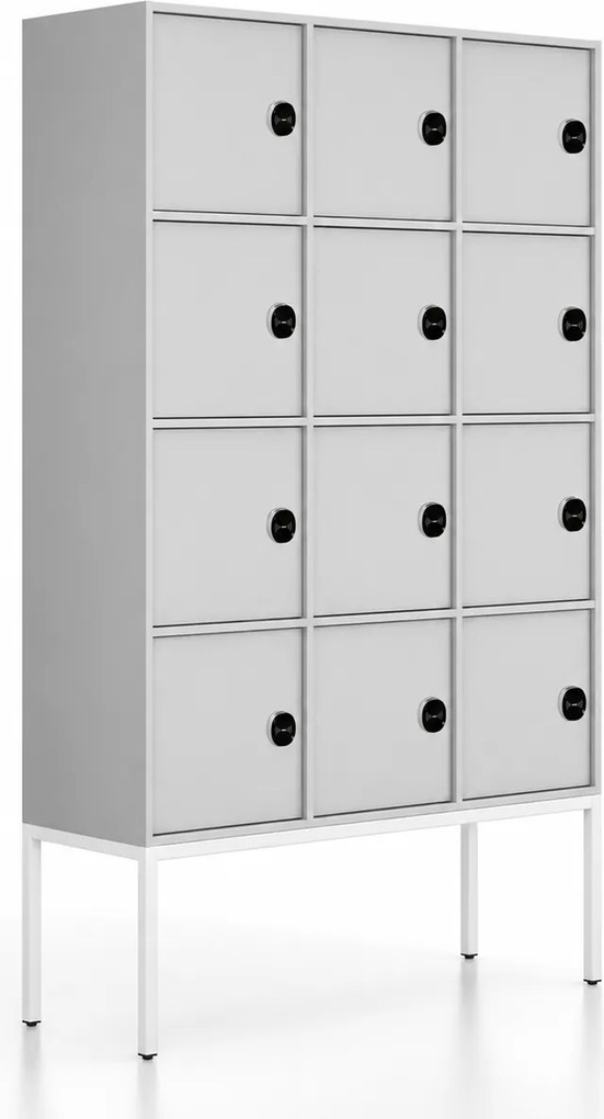 Kancelářská skříň FRAME, bílá podnož, 12x dveře, 1299 x 450 x 2185 mm, RFID zámek, šedá
