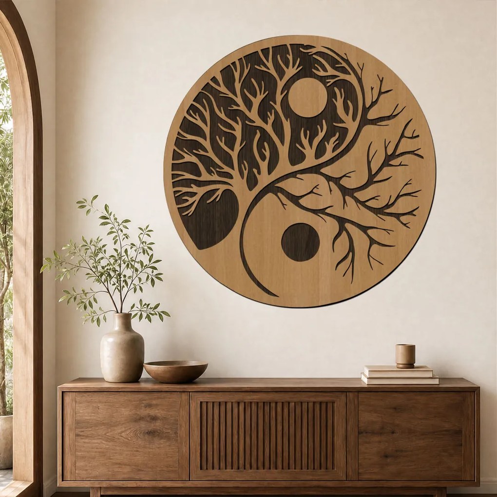 dřevo života 2 dílný dřevěný strom YING YANG na stěnu Zvolte barvu dekoru: Ořech-Dub Sonoma, Zvolte rozměr Ø (cm): 95