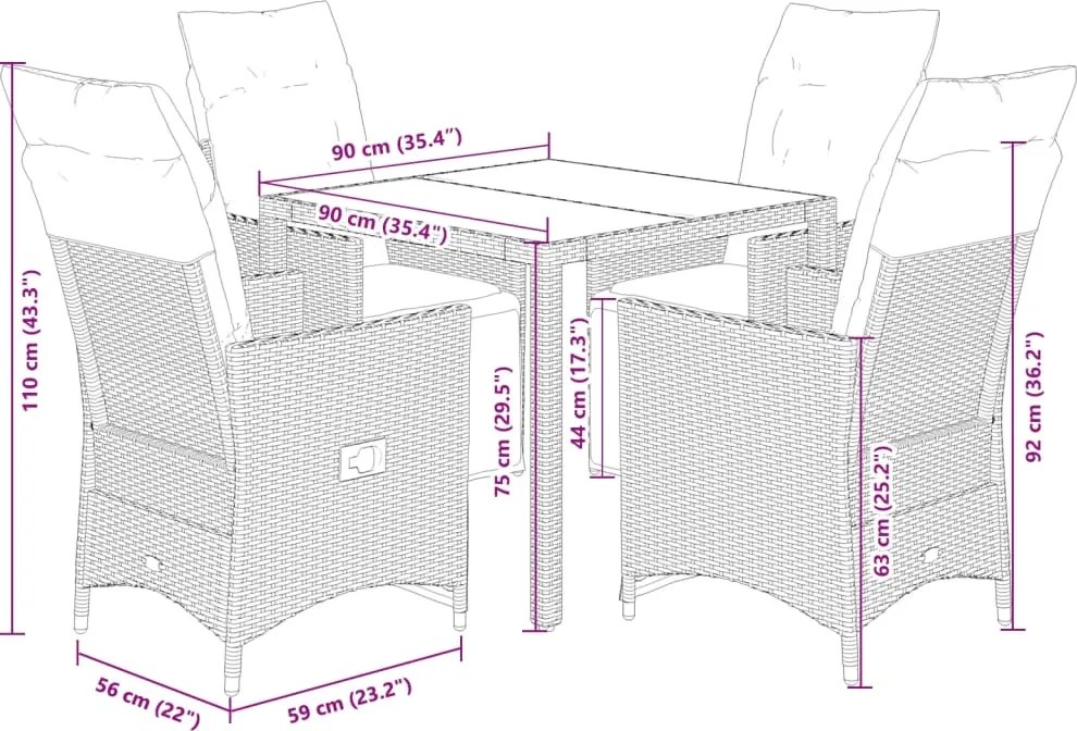 5dílný zahradní jídelní set s poduškami černý polyratan 3276864