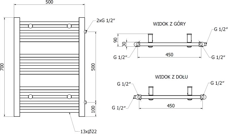 Mexen Mars, topné těleso 700 x 500 mm, 284 W, boční pravé a spodní připojení, bílá, W110-0700-500-00-20-S